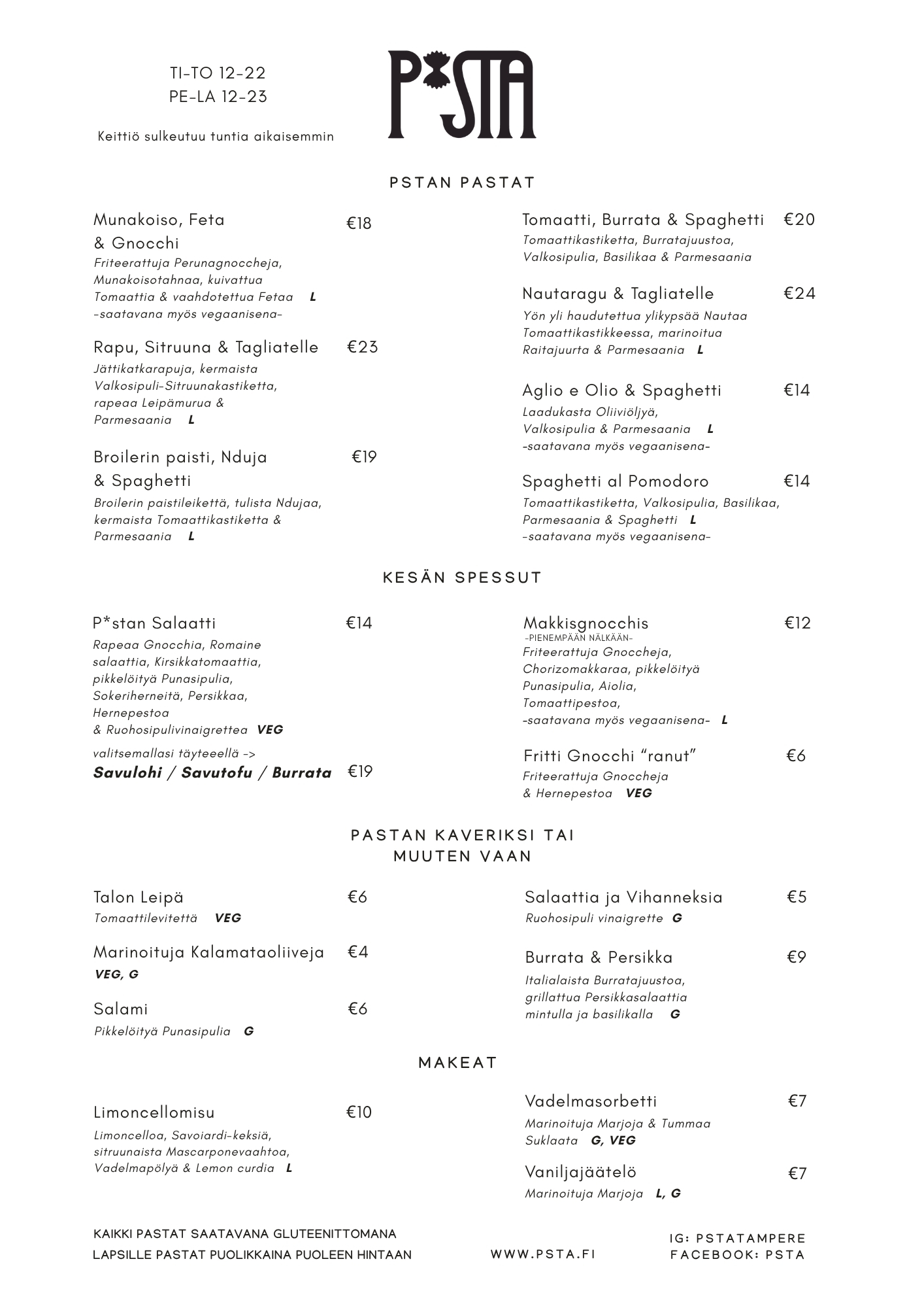 Ruokalista - Pastaravintola PSTA Tampereella